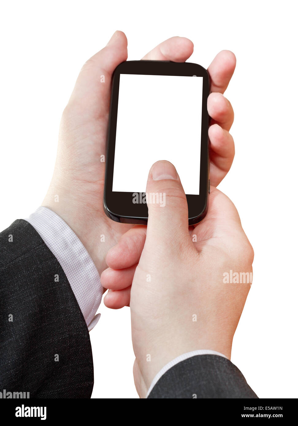 smartphone with cut out screen in businessman hands isolated on white ...