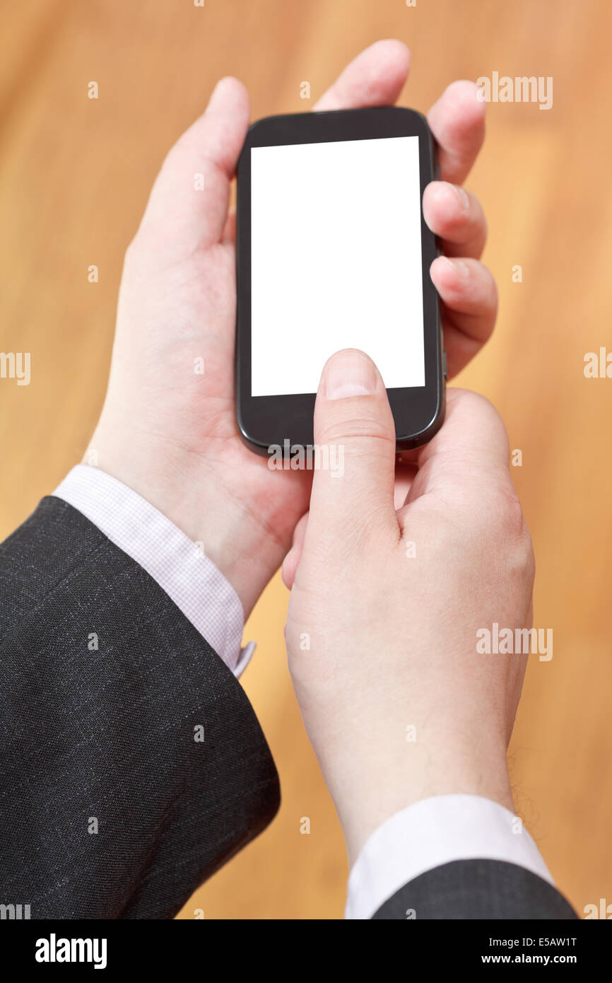 communicator with cut out screen in businessman hands close up Stock ...