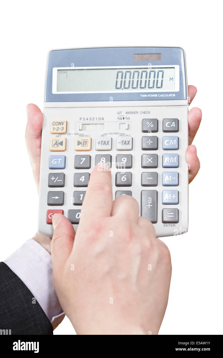 above view of calculator in businessman hands isolated on white ...