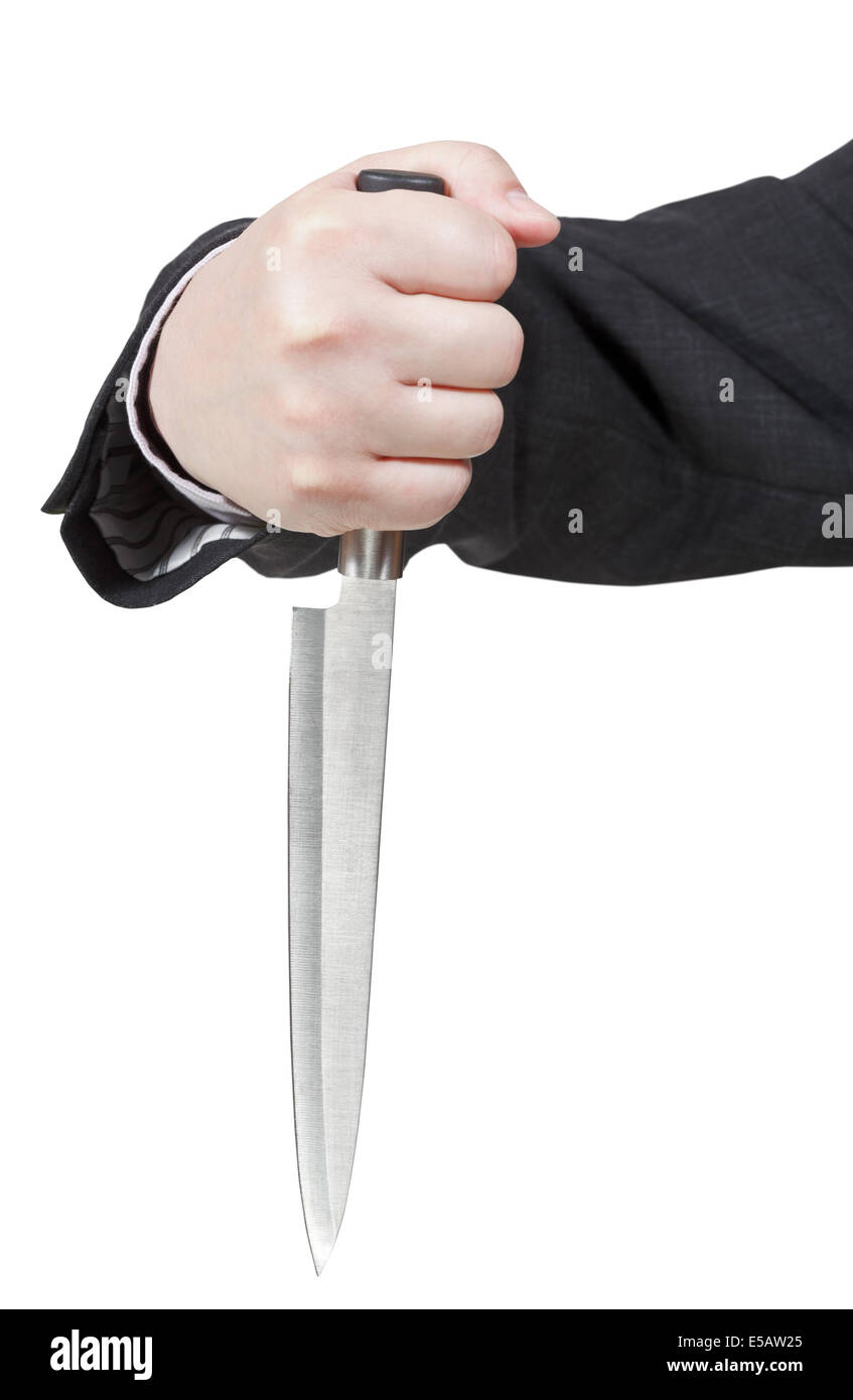 front view of knife in businessman hand isolated on white background ...
