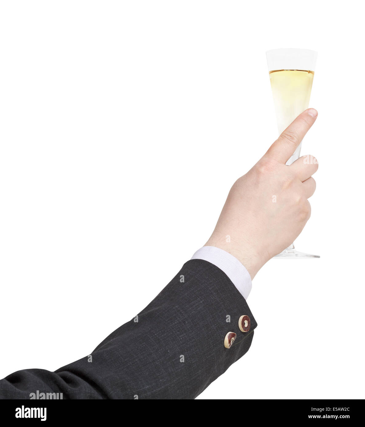 raising of champagne glass in businessman hand isolated on white ...