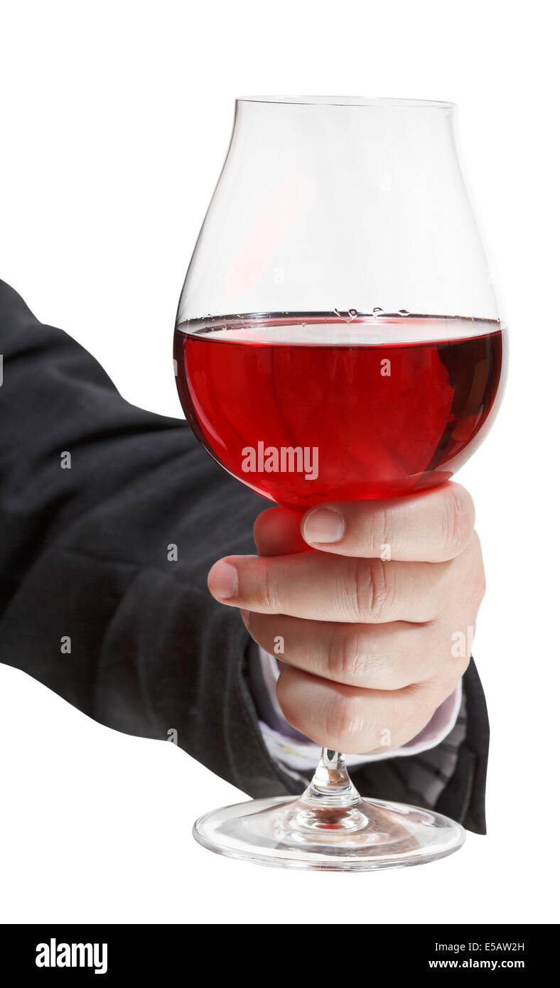 front view of red wine glass in businessman hand isolated on white ...