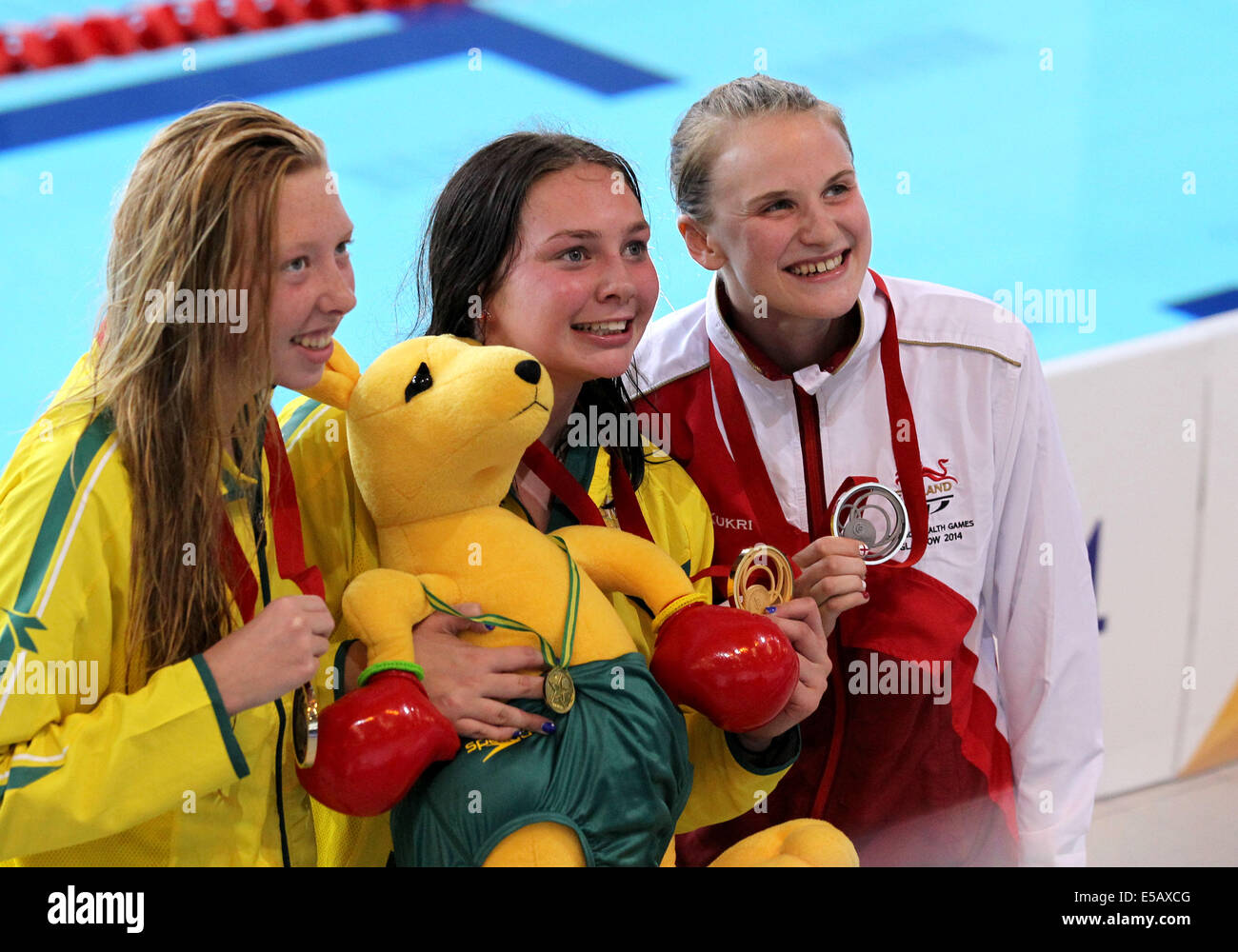 Glasgow. 25th July, 2014. Maddison Elliott (C) of Australia displays ...