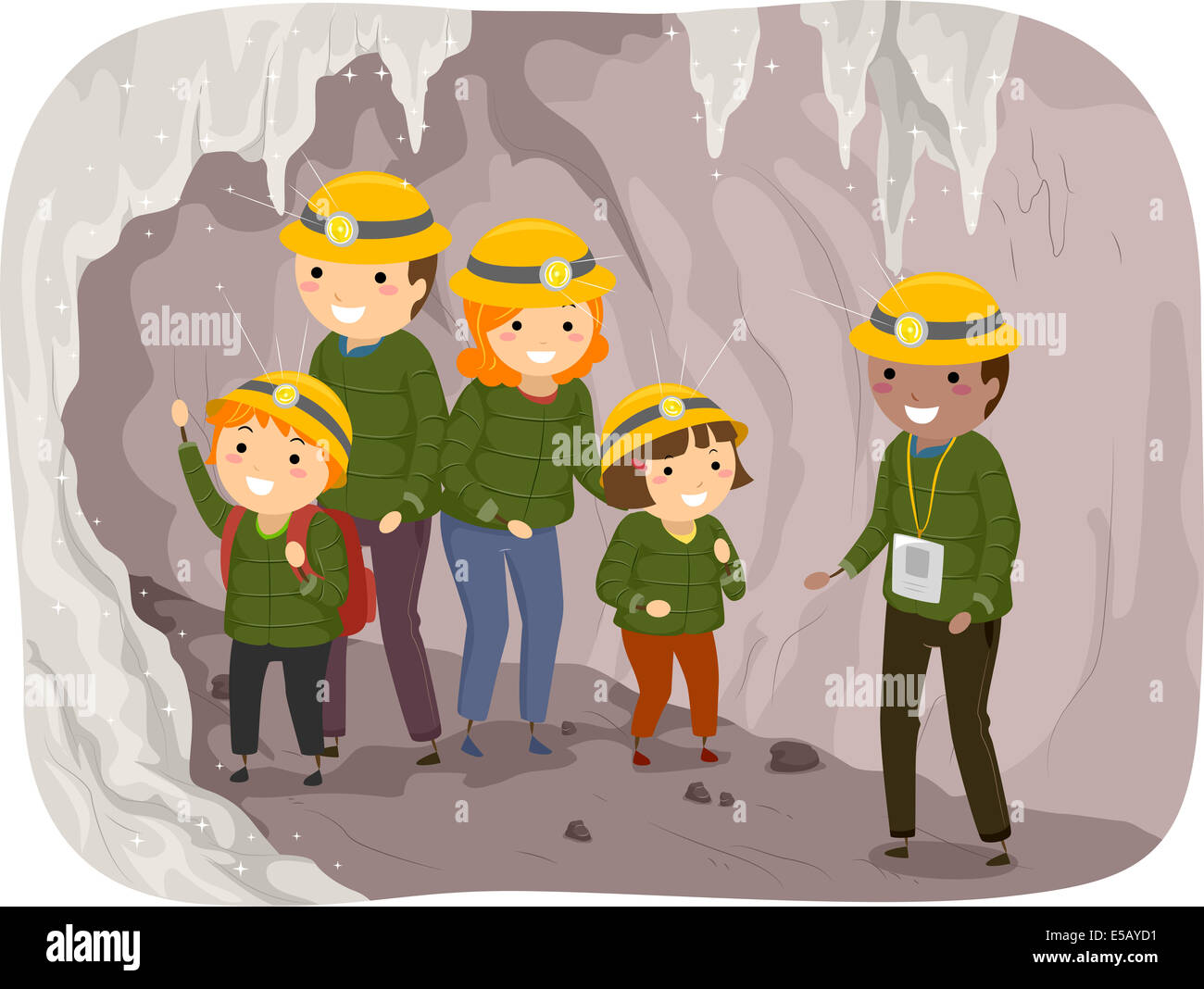 Illustration of a Family on a Cave Tour Stock Photo - Alamy