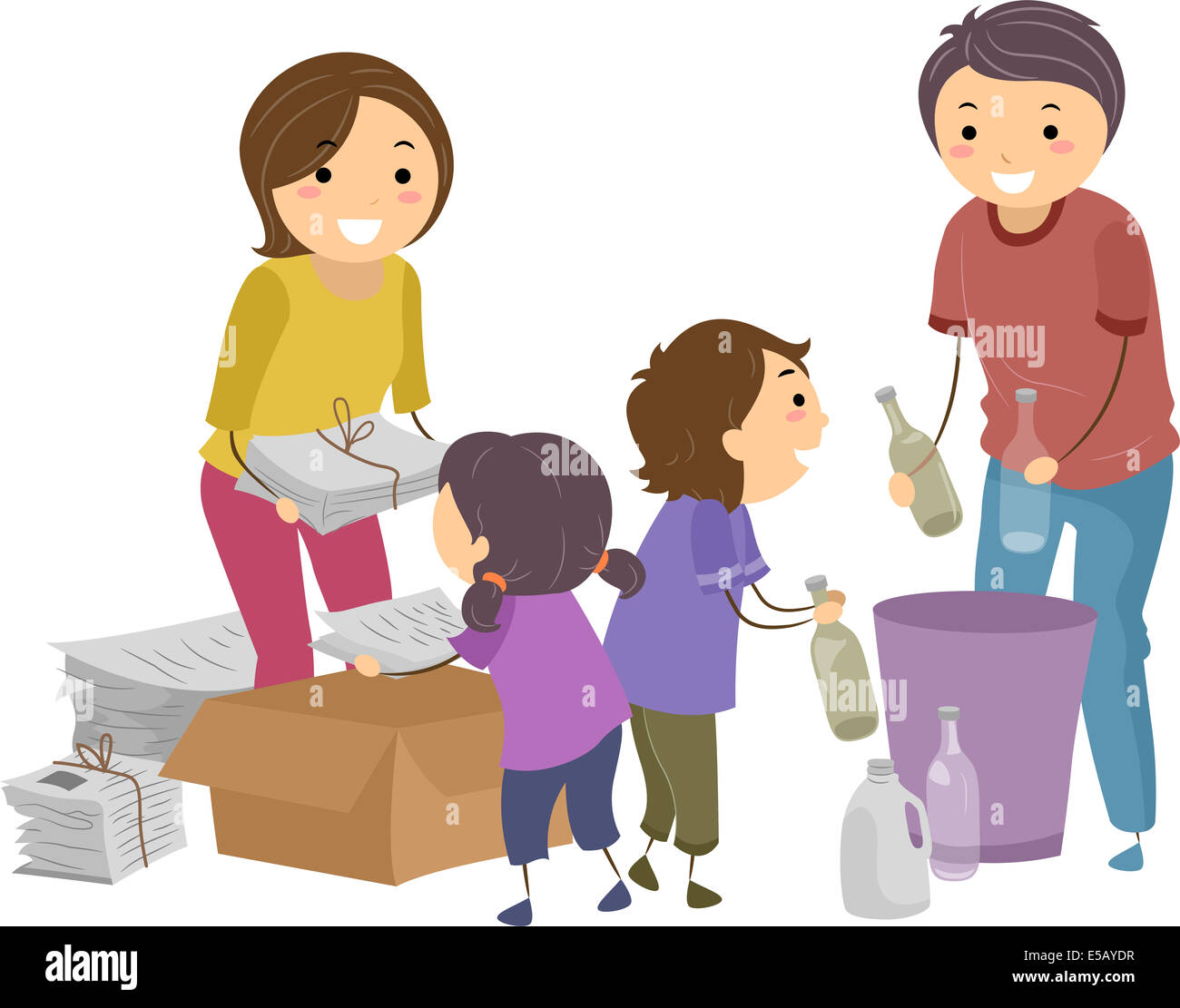 Illustration of a Family Segregating Trash Stock Photo - Alamy