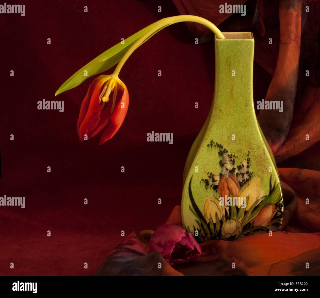 Single tulip in a vintage vase with another bloom at the base Stock ...