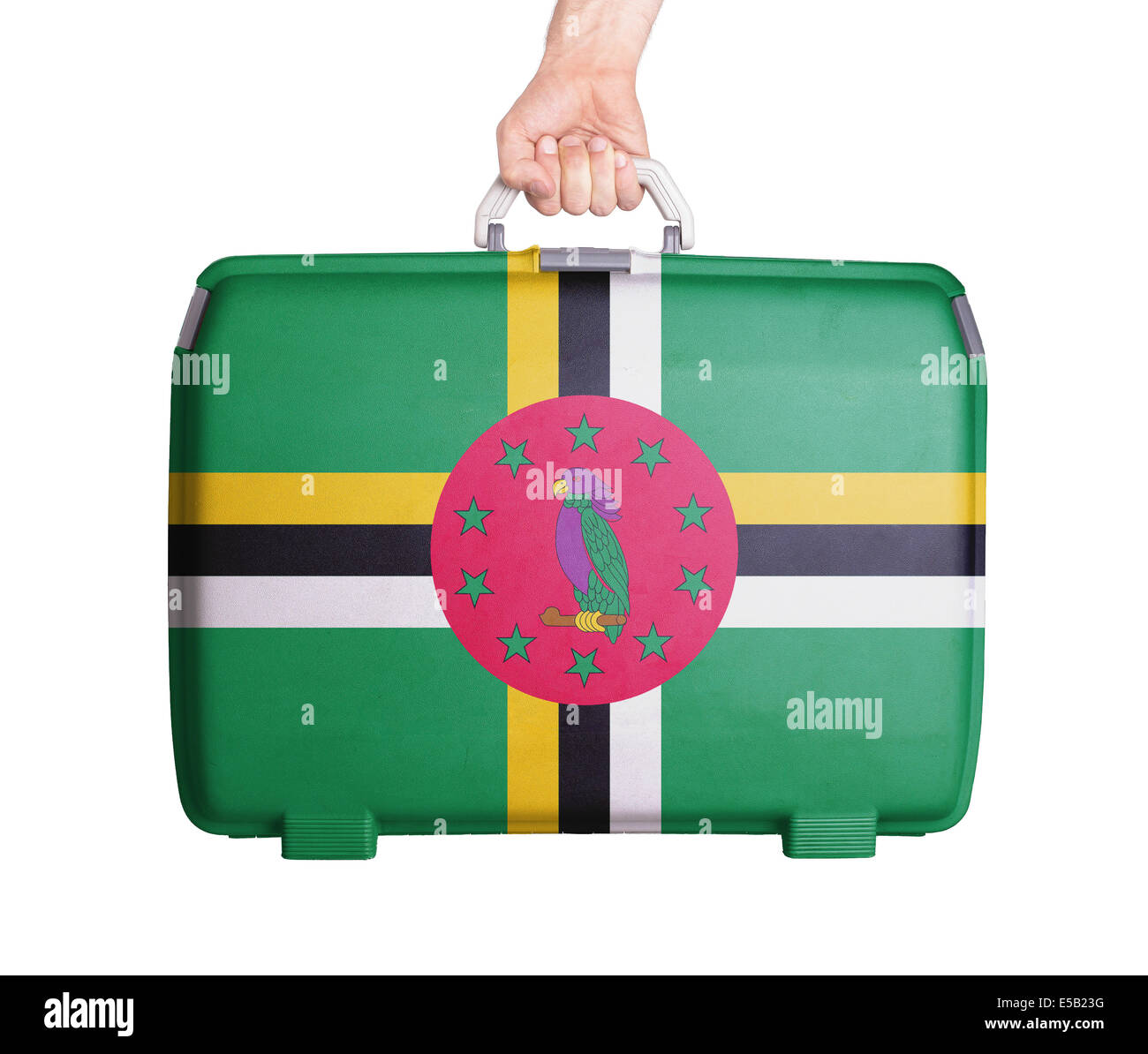 Used plastic suitcase with stains and scratches, printed with flag ...