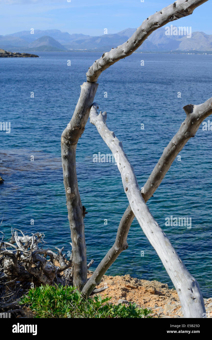 Wood railing by Pollensa bay, Mediterranean, Majorca, Balearic islands ...