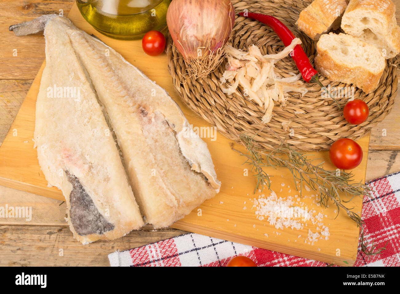 Still life with salt cured cod fish and Mediterranean ingredients Stock ...