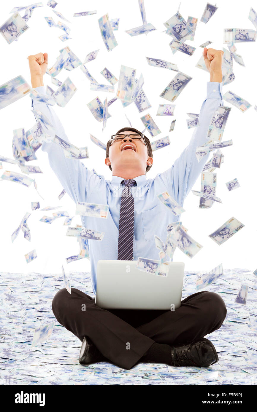 business man making a successful pose with money rain background Stock ...