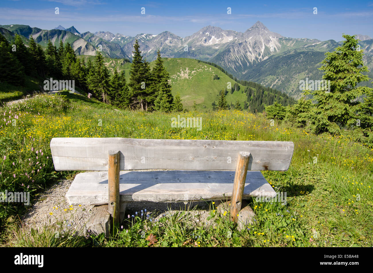 Bench in Tirol Austria with view on mountains Stock Photo - Alamy