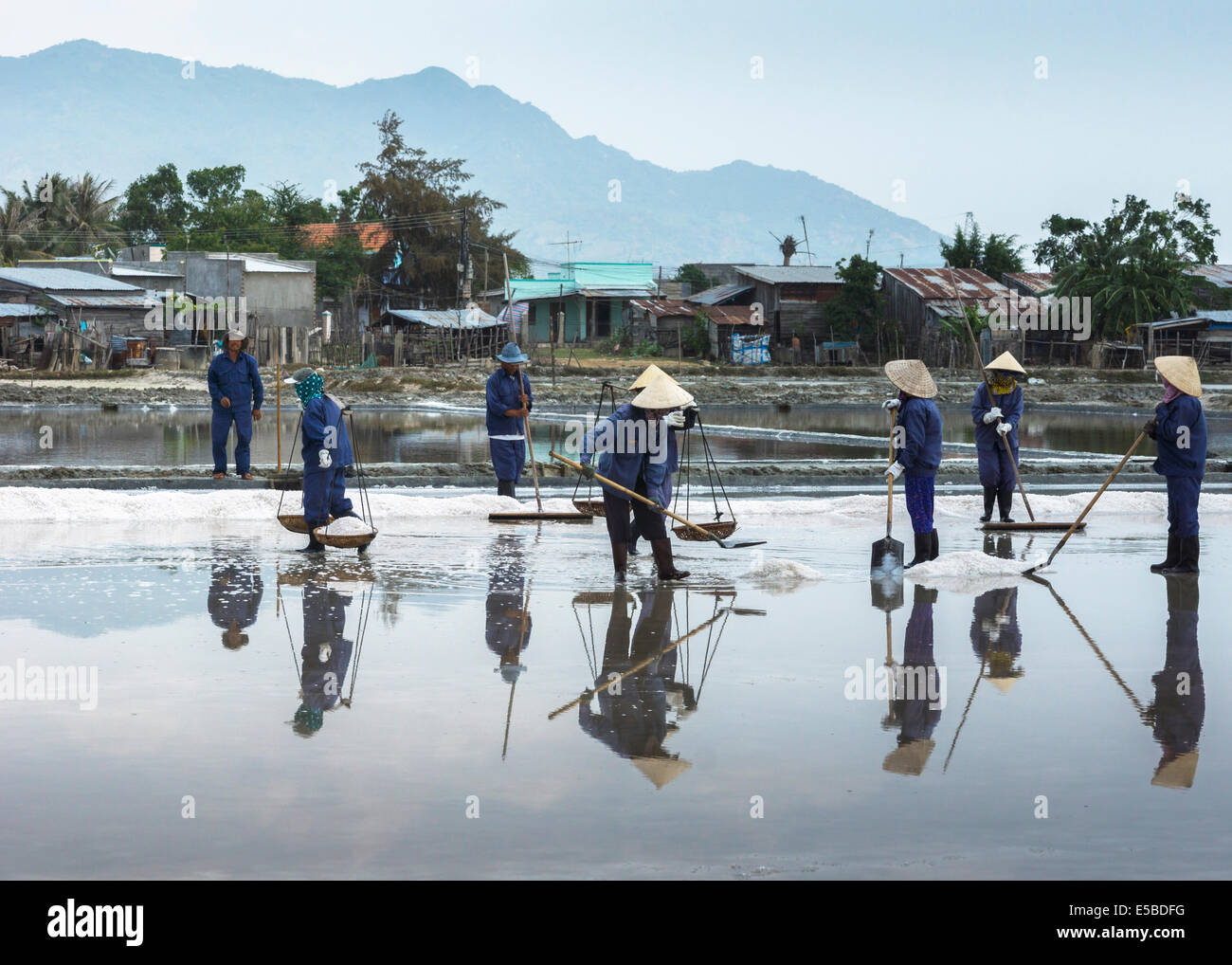 A crew of several people harvests salt by raking, scooping and carrying ...