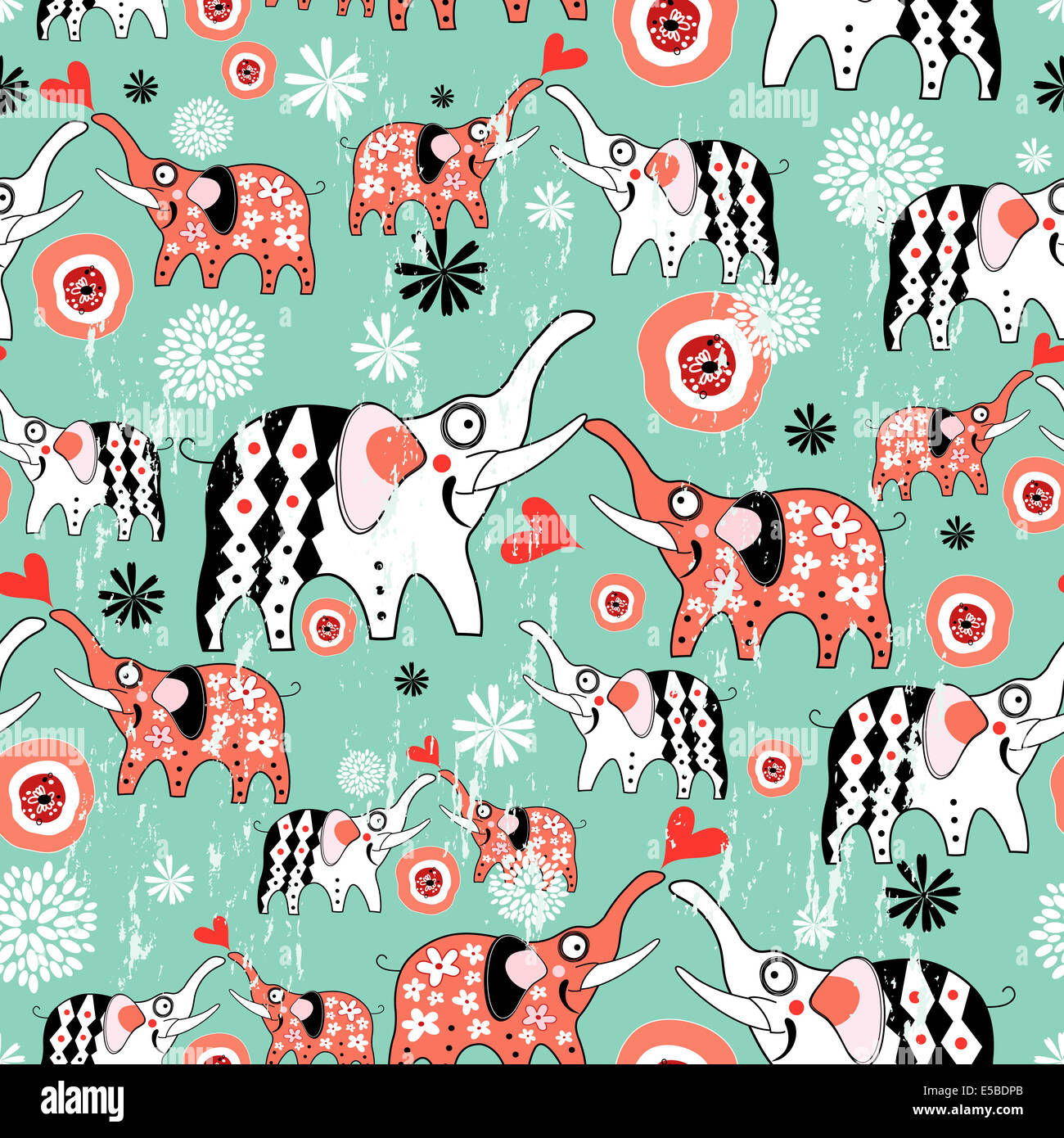seamless pattern of ornamental elephants on a black background Stock ...