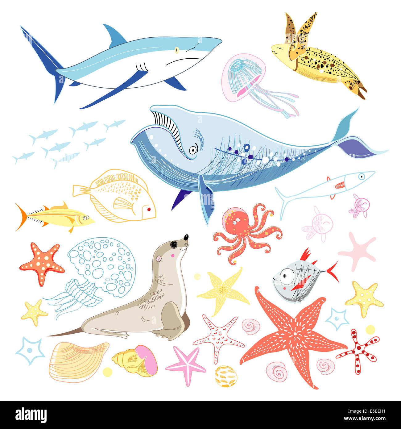 various interesting colorful sea animals on a white background Stock ...