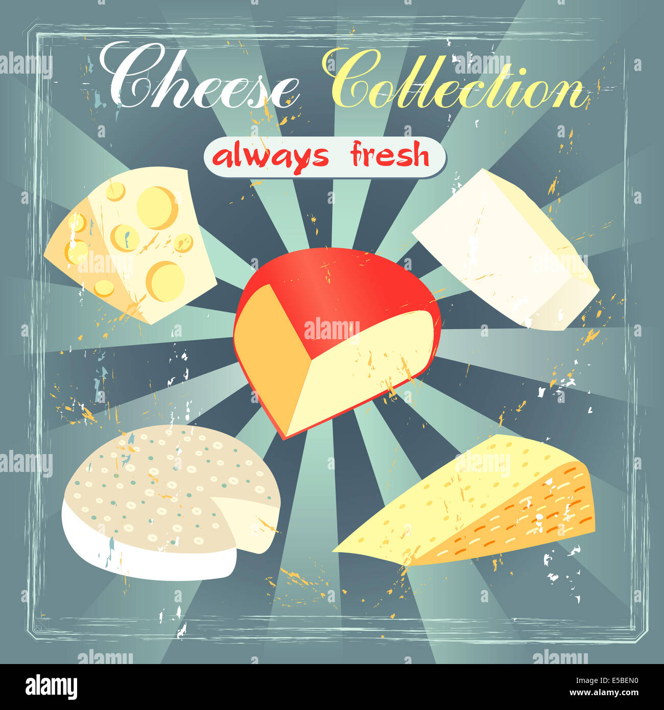 Vintage set of cheeses. Various types of cheese on a retro background ...