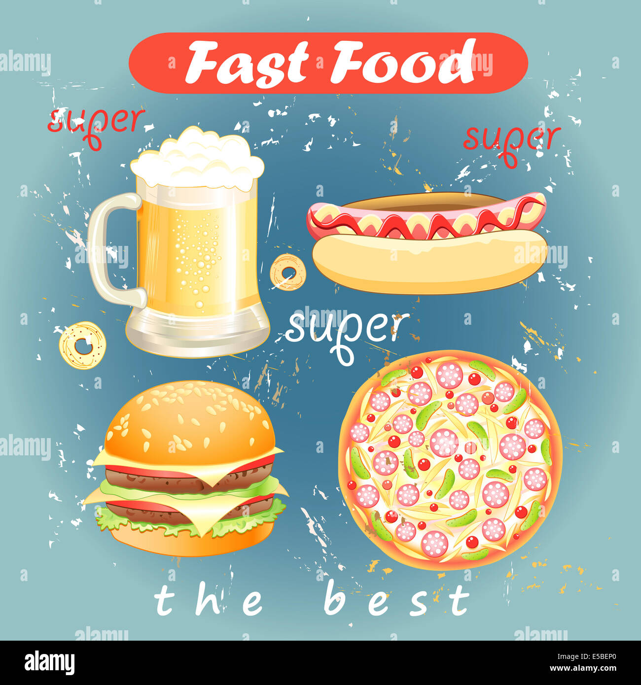 Colorful set of fast food meals and drinks on a blue background aged ...