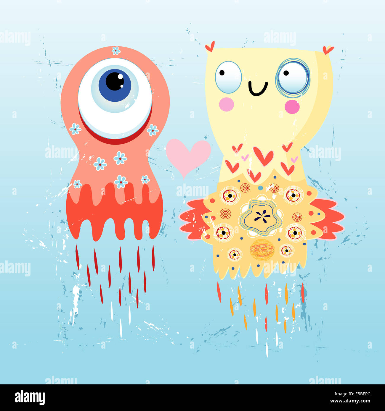 fun loving monsters flying on a blue background Stock Photo - Alamy