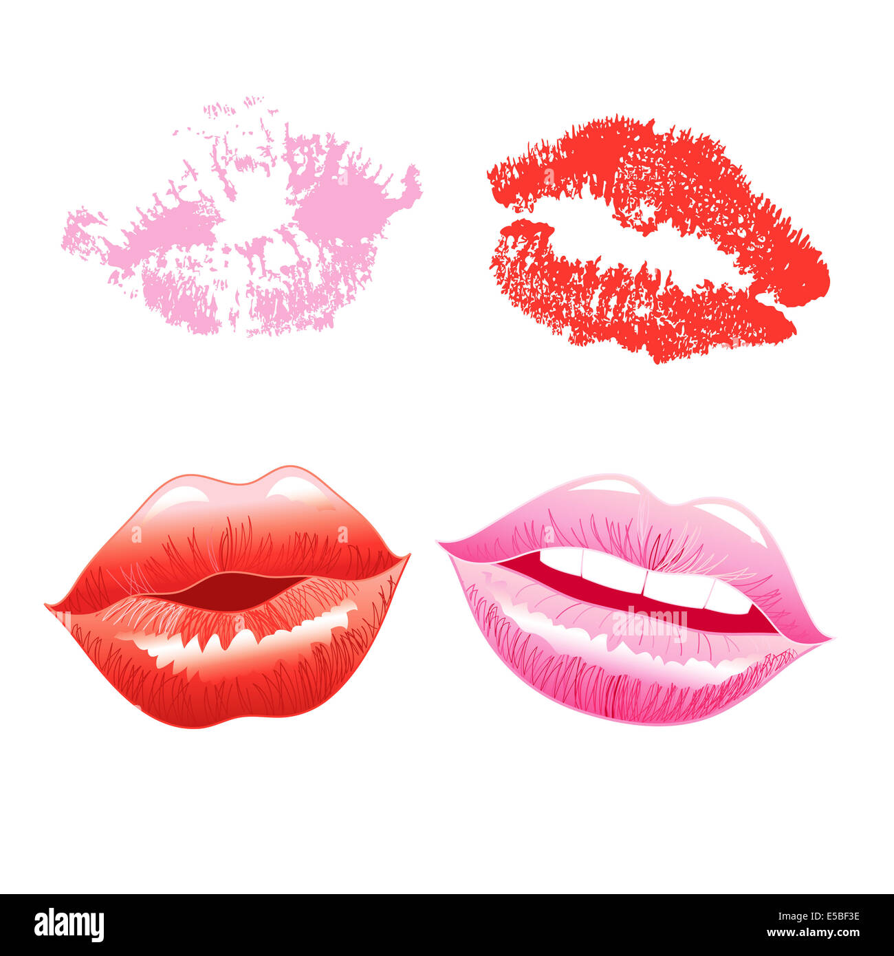 Different versions of female lips with lipstick on a white background ...