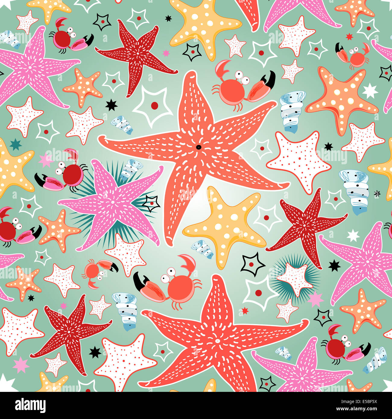 seamless bright pattern of sea stars on a light green background Stock ...