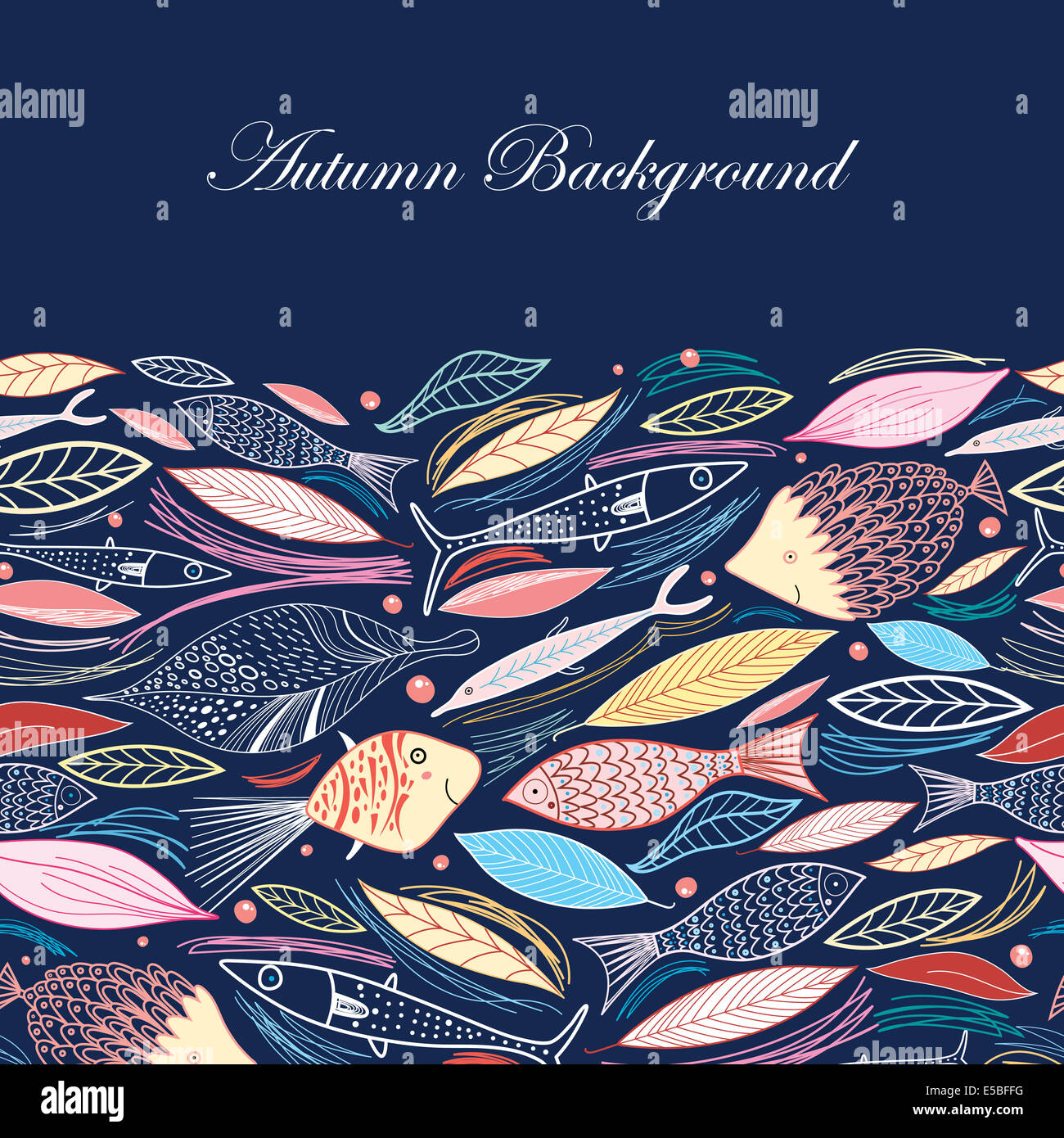 Autumn background from leaves and fish on a dark blue background Stock ...