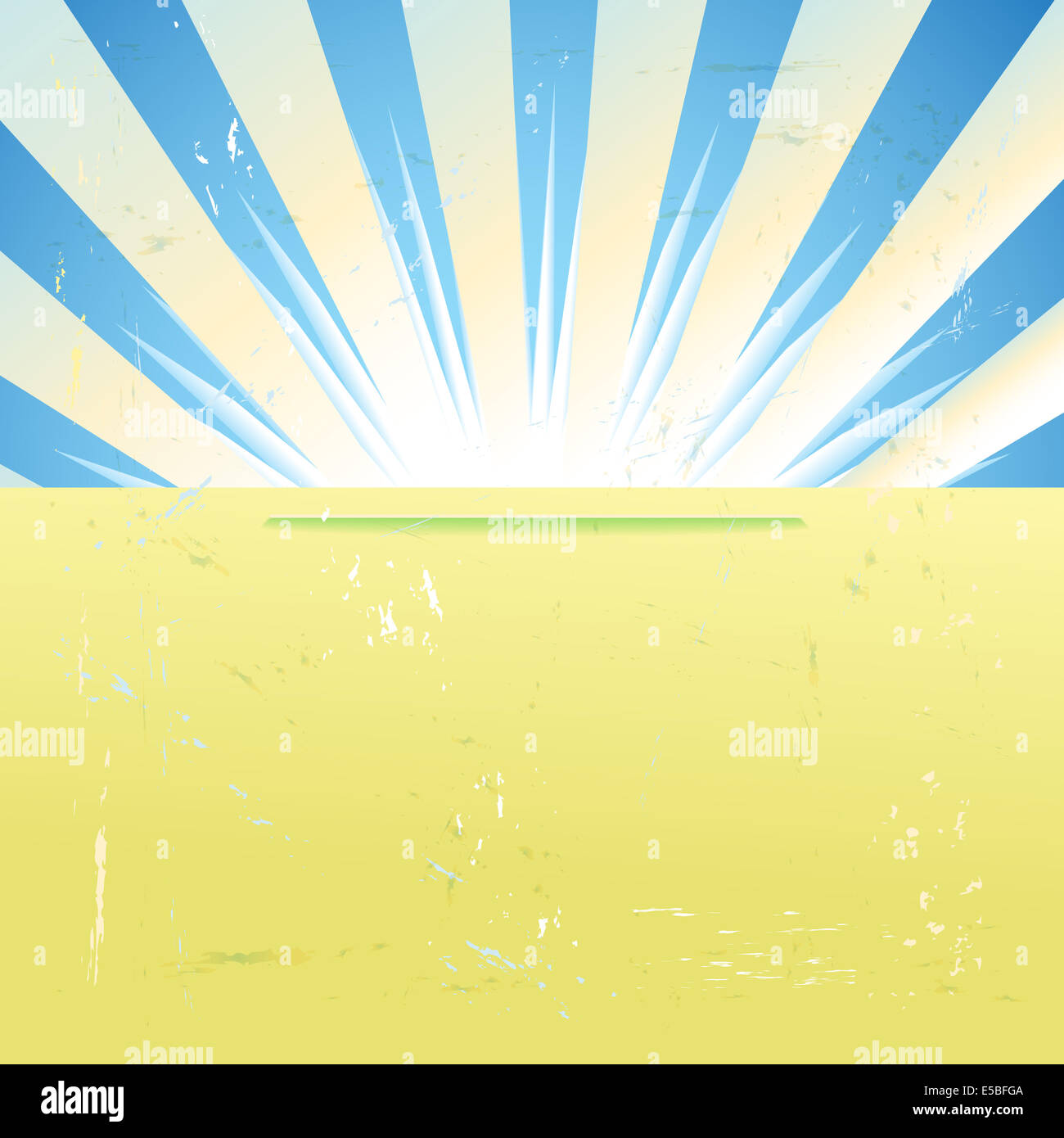 retro background with a green background and a blue sky with sun rays ...