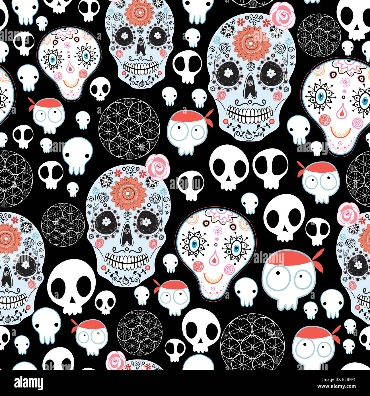 Seamless graphic pattern of skulls on a black background Stock Photo ...