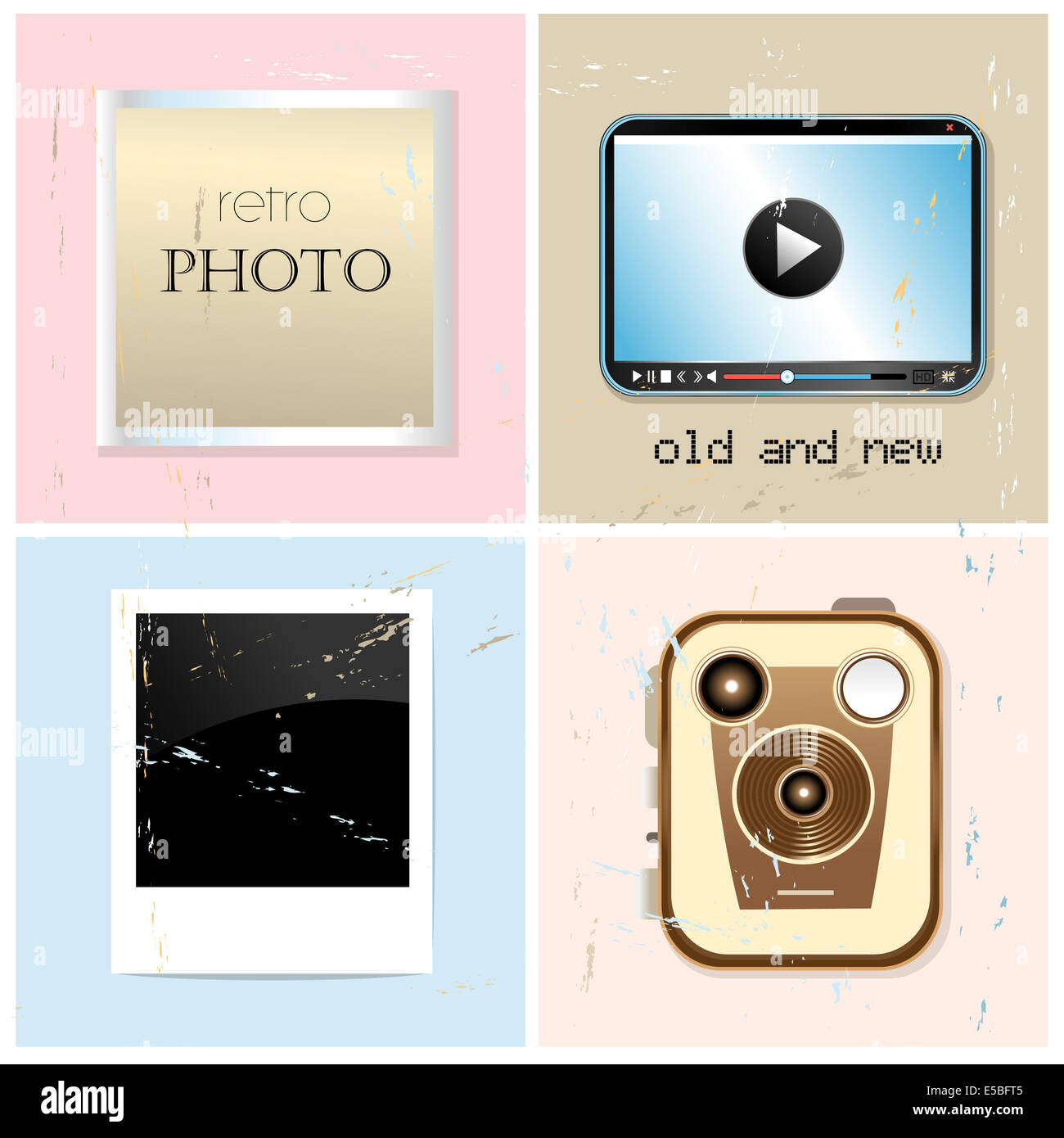 graphic set of retro and new photos of objects on colored backgrounds ...