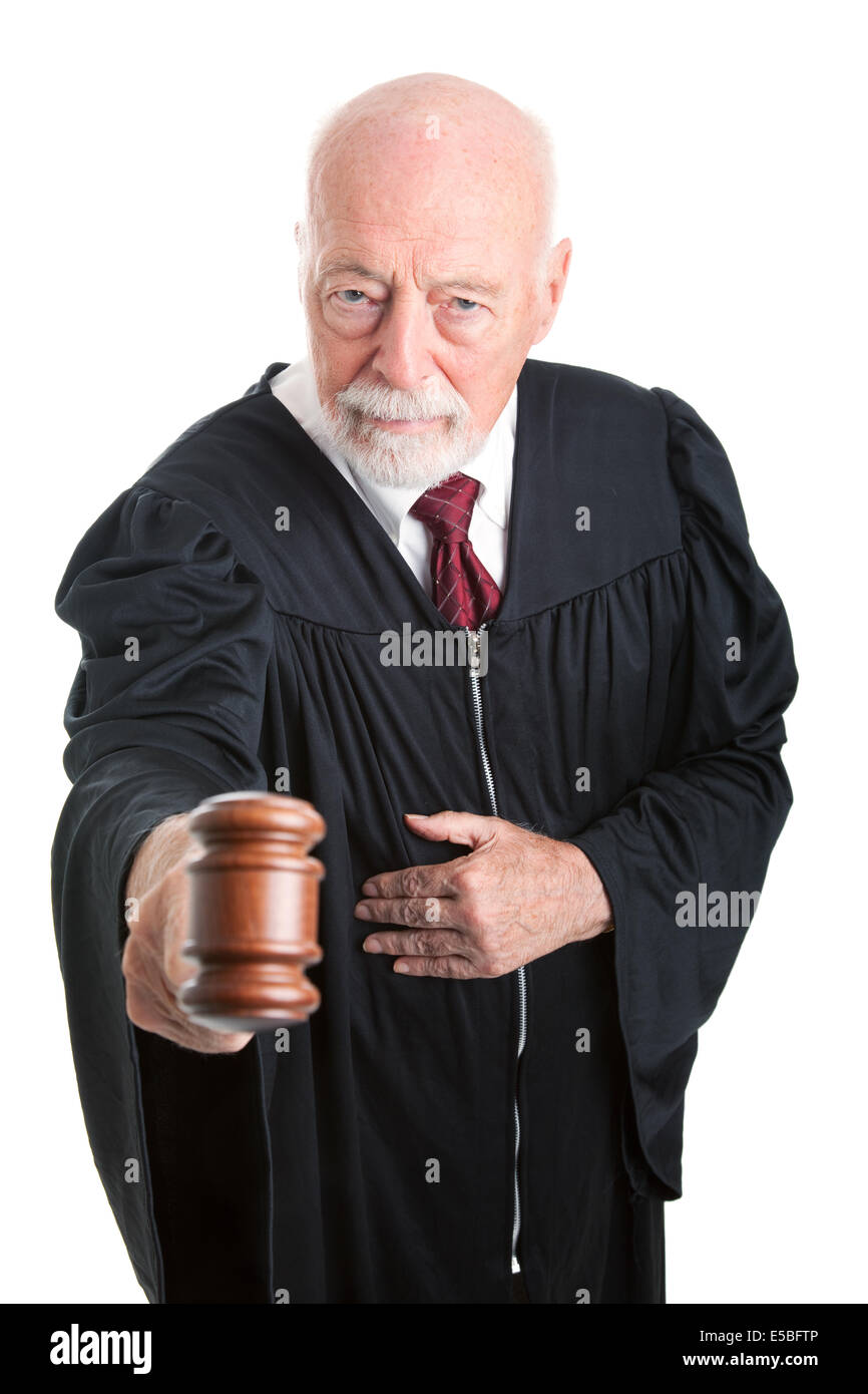 Serious judge banging his gavel in court. Isolated on white Stock Photo ...