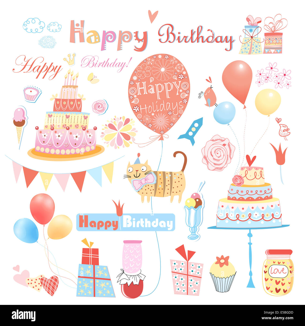 beautiful colorful set of different elements to the birthday on a white ...