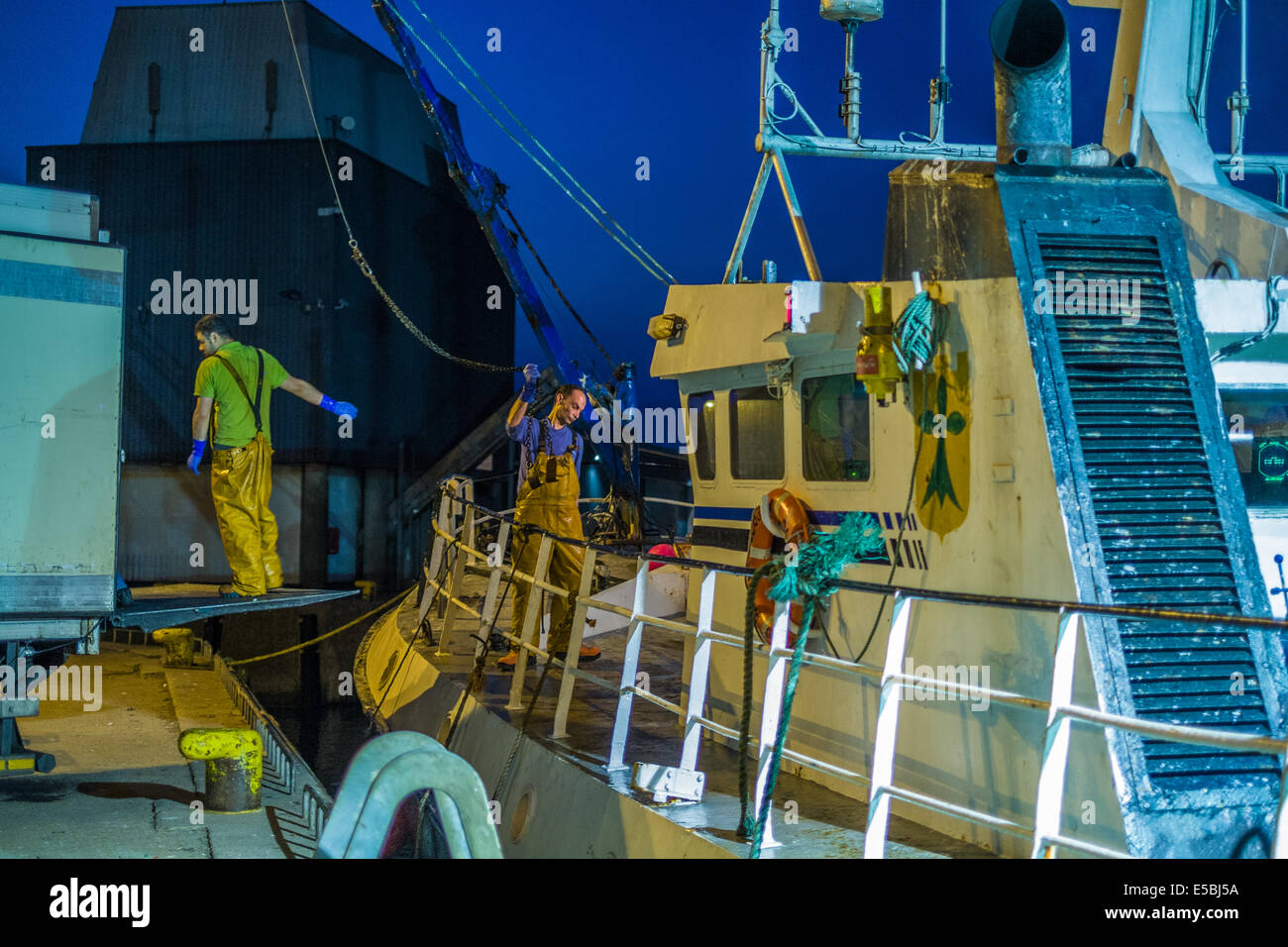Fishing trawler landing its catch in evening twilight at Howth Pier ...
