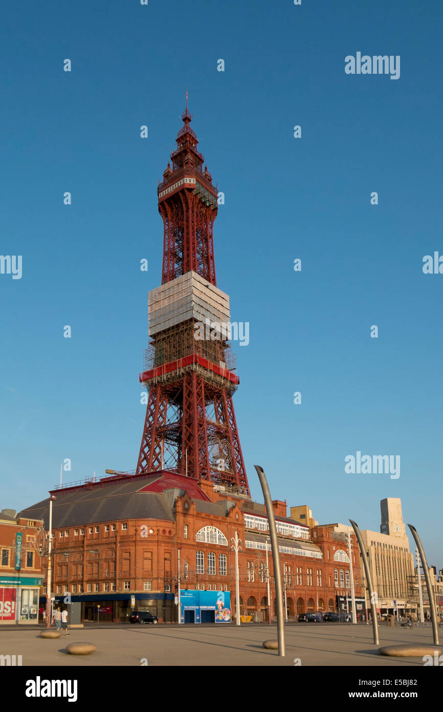 Blackpool Tower clad in scaffolding for maintenance work which is ...