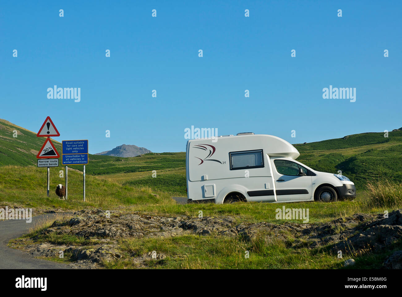 Romahome R25 parked at Cockley Beck, at the start of the Hardknott Pass ...