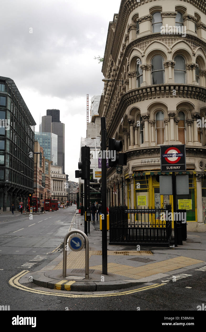 Tight street corner with underground & subway entrance on London Stock ...