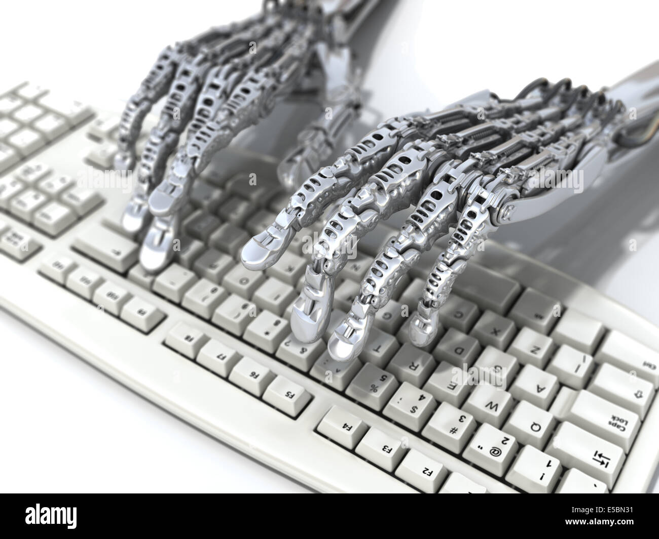 Robot works at keyboard. Futuristic 3d illustration Stock Photo - Alamy