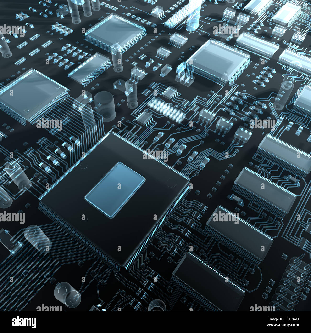 Fantasy circuit board or motherboard or mainboard. Top view. 3d ...