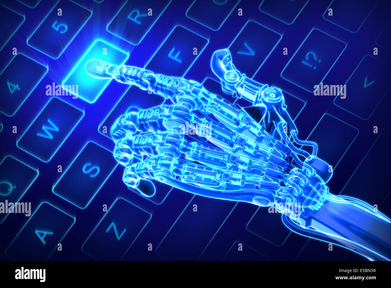 Robot works on keyboard. Futuristic 3d illustration Stock Photo - Alamy