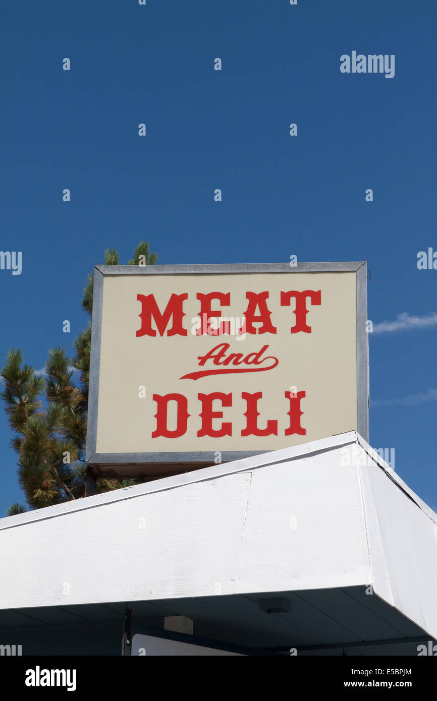 A meat and Deli store sign in Bridgeport California on highway 395 ...