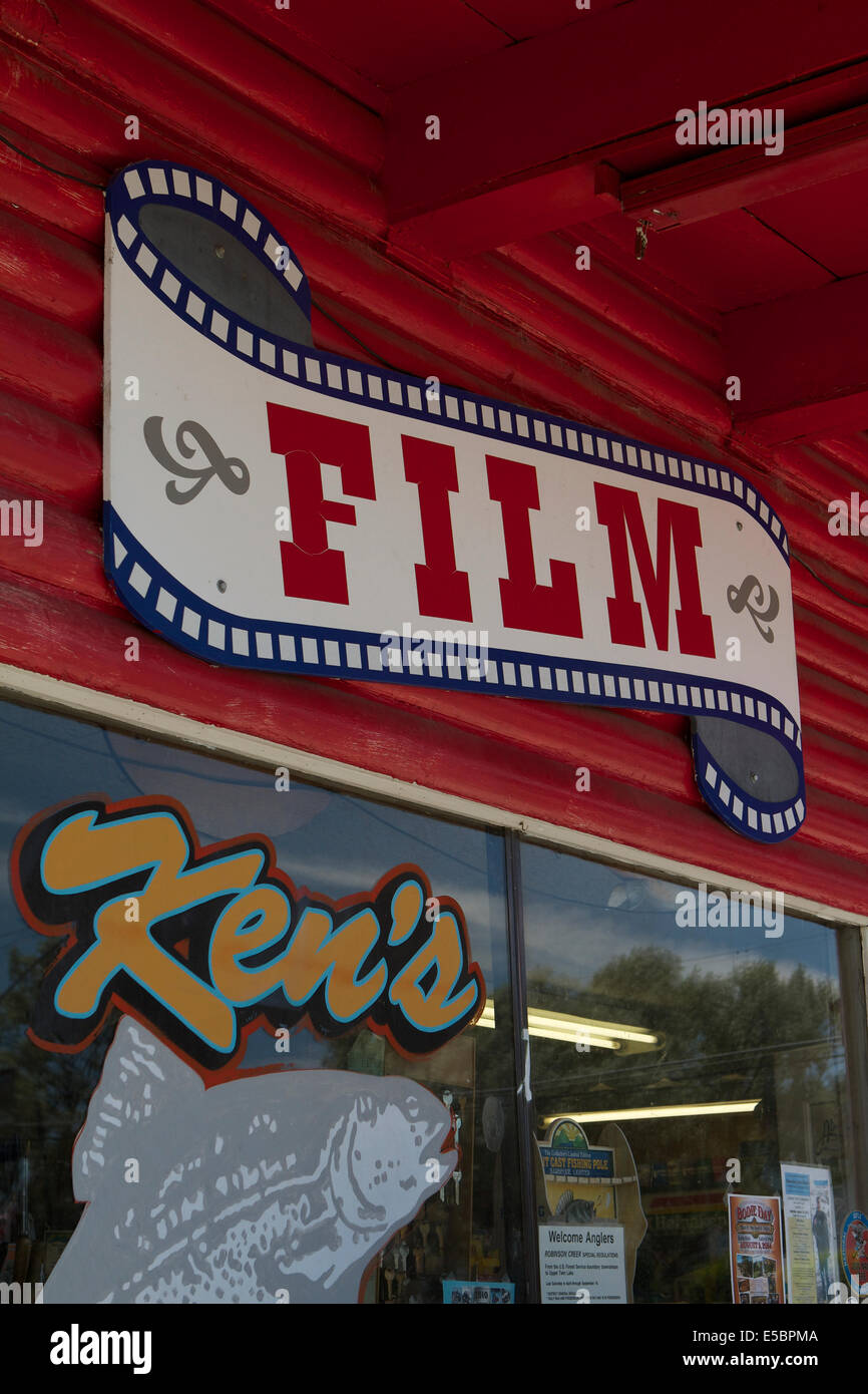 Camera film sign outside a sporting store in Bridgeport California ...