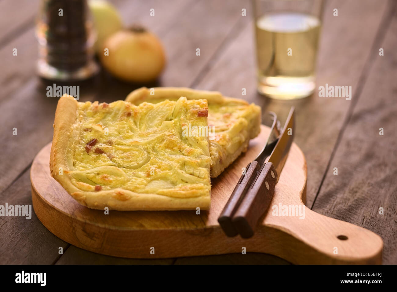 Pieces of traditional German Zwiebelkuchen or onion cake, made of a ...