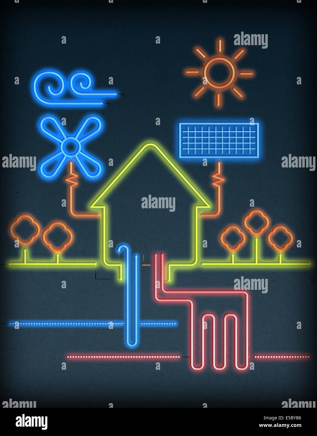 Illustration of house connected with natural energy resources over gray ...