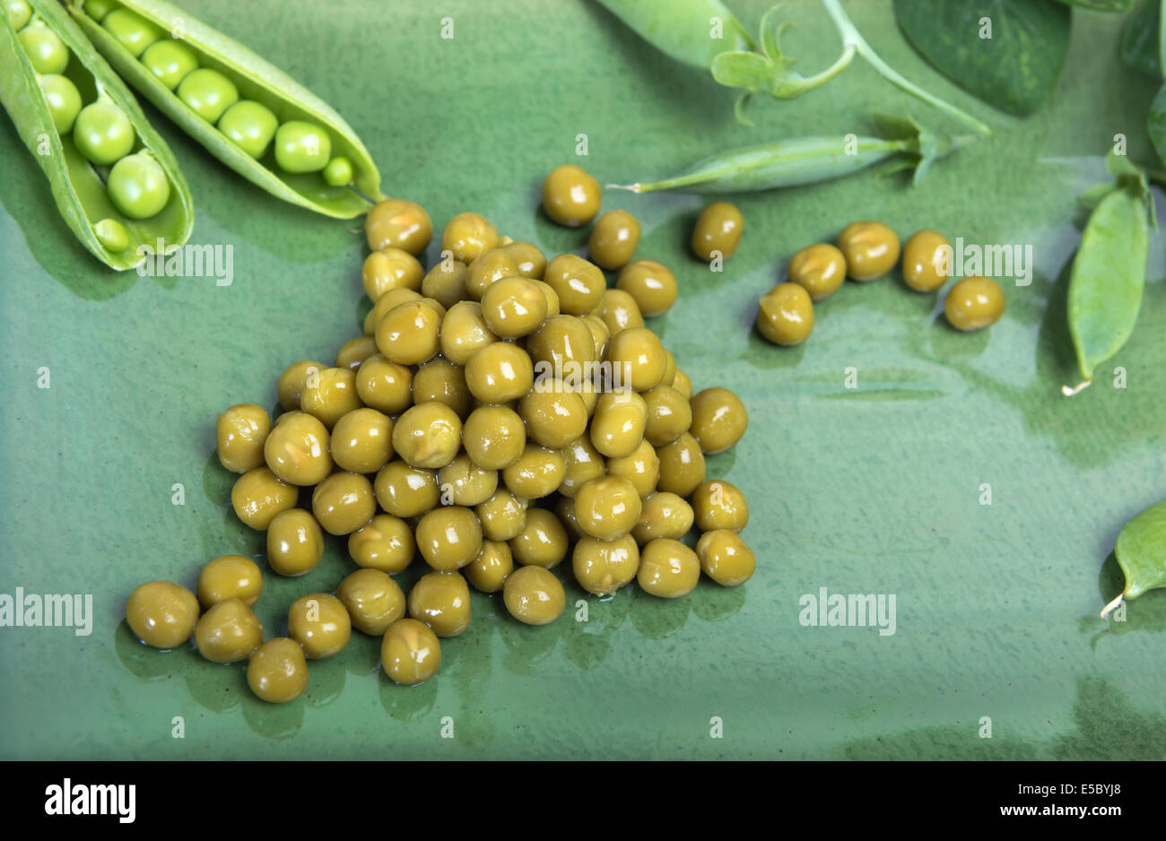 Boiled green peas on a platter, pods and branches Stock Photo - Alamy