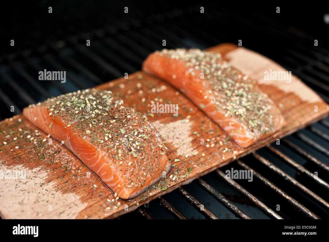 A pair of well seasoned wild raw Alaskan salmon fillets being grilled ...