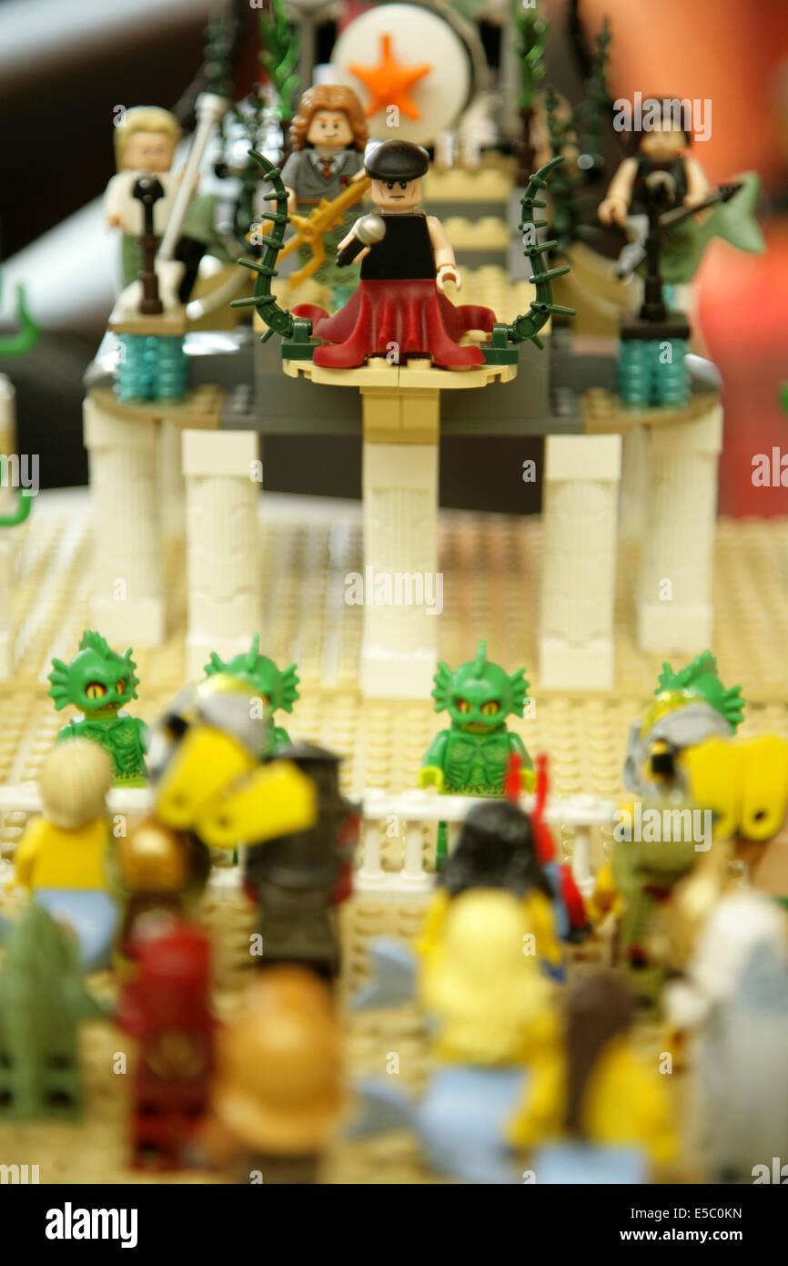 York, UK, 27 July 2014. Lego model of a rock band gig, on display at ...