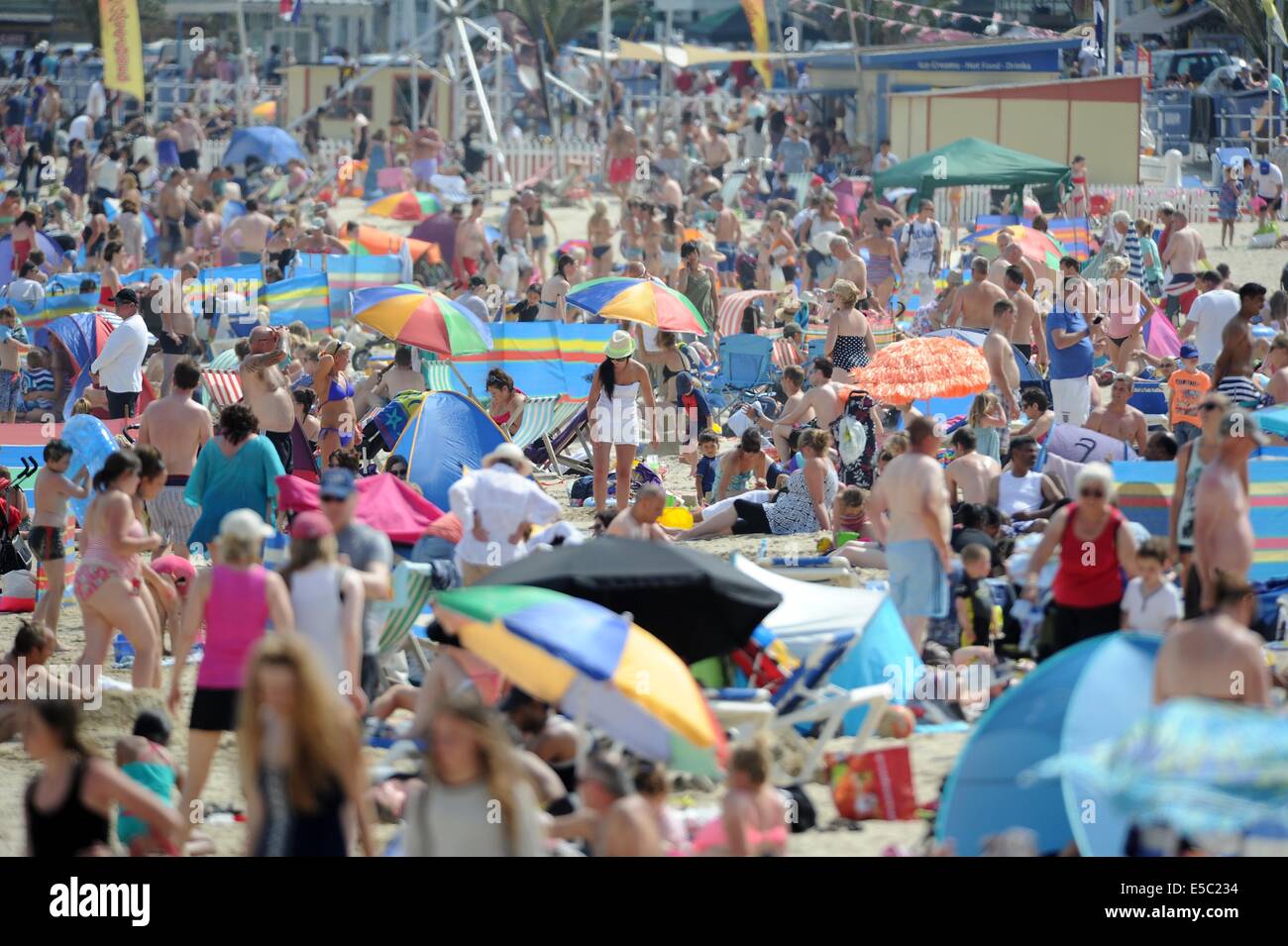 Weymouth beach, Dorset, UK. Crowded Weymouth beach in Dorset, Britain ...