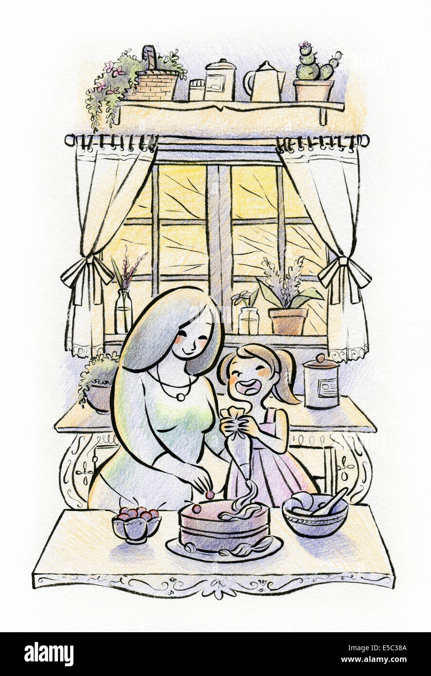 Illustration of mother and daughter preparing cake together in kitchen ...