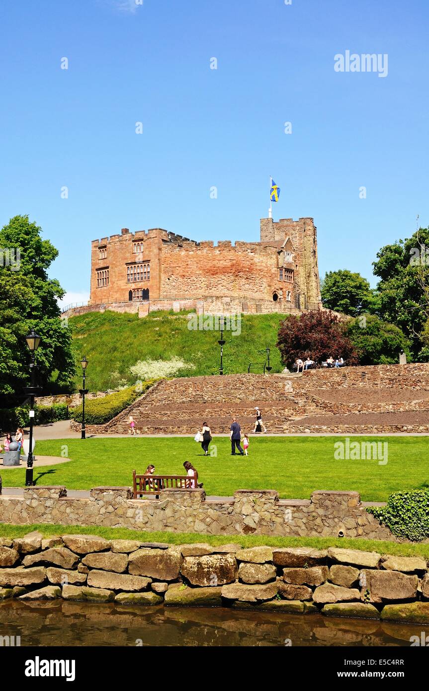 View of the Norman castle and gardens with the River Anker in the ...