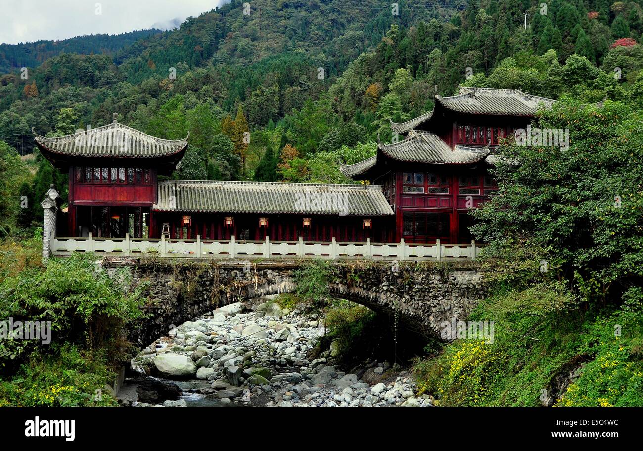 SICHUAN PROVINCE, CHINA: A traditional Chinese red wooden house with ...