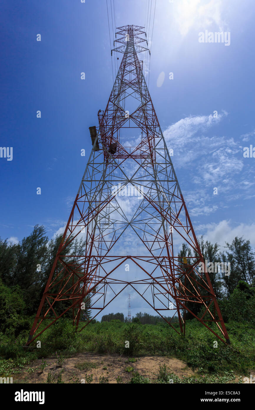Super wide angle photograph of Electricity pylon with blue sky and sun ...