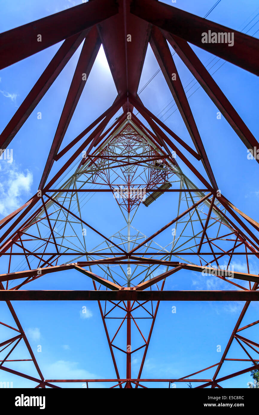 Super wide angle photograph of Electricity pylon with blue sky Stock ...