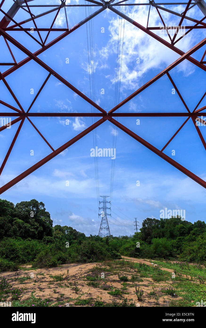 Super wide angle photograph of Electricity pylon with blue sky Stock ...
